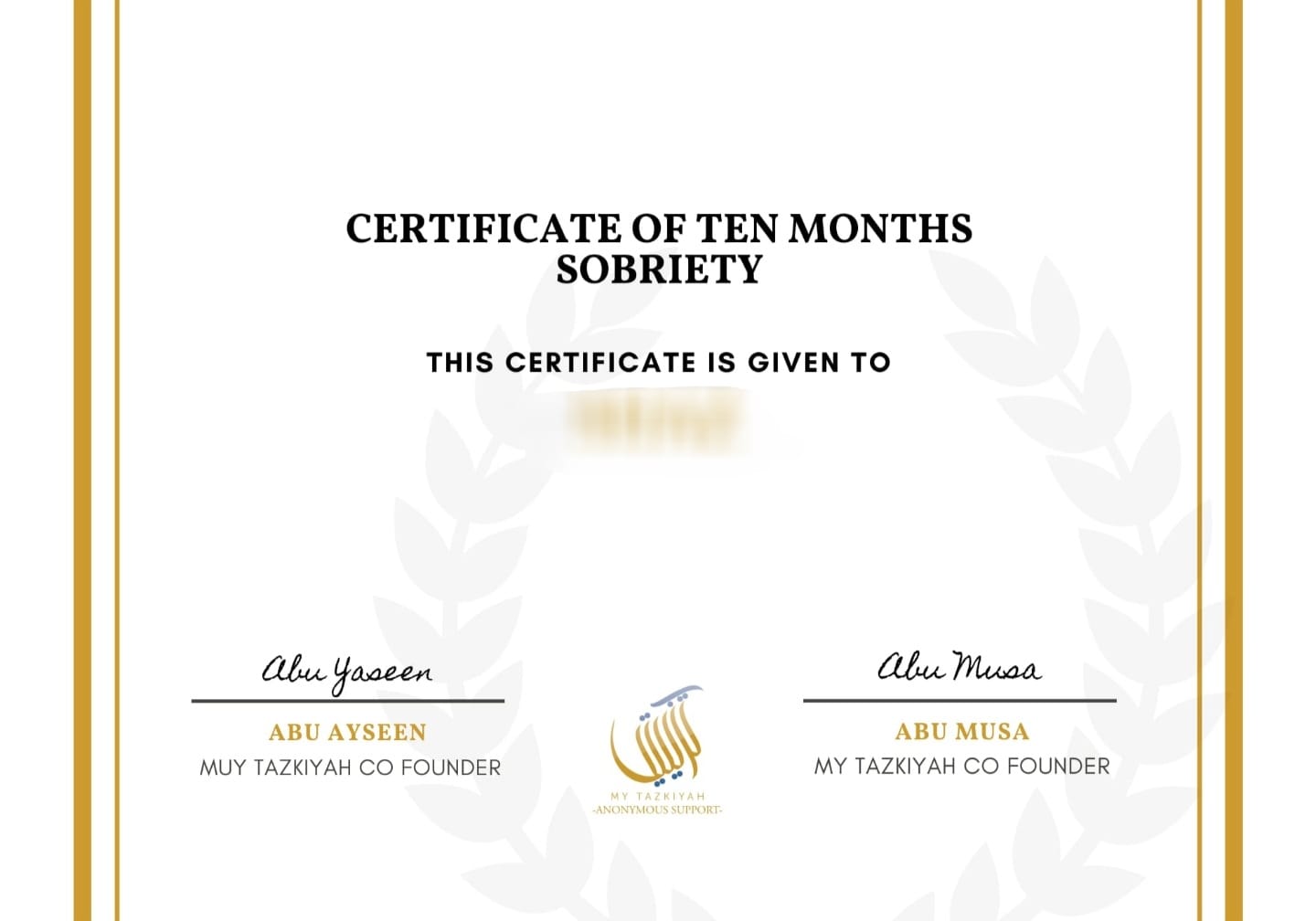 Sobriety Certificates - My Tazkiyah